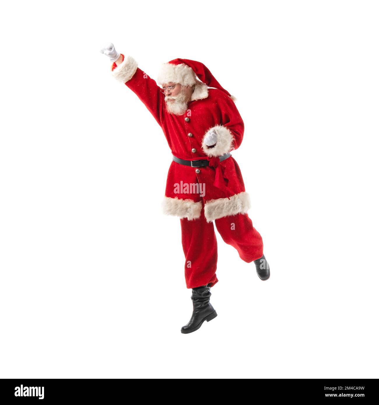 Full length size photo of Santa Claus flying up with arms raised isolated on white background ...