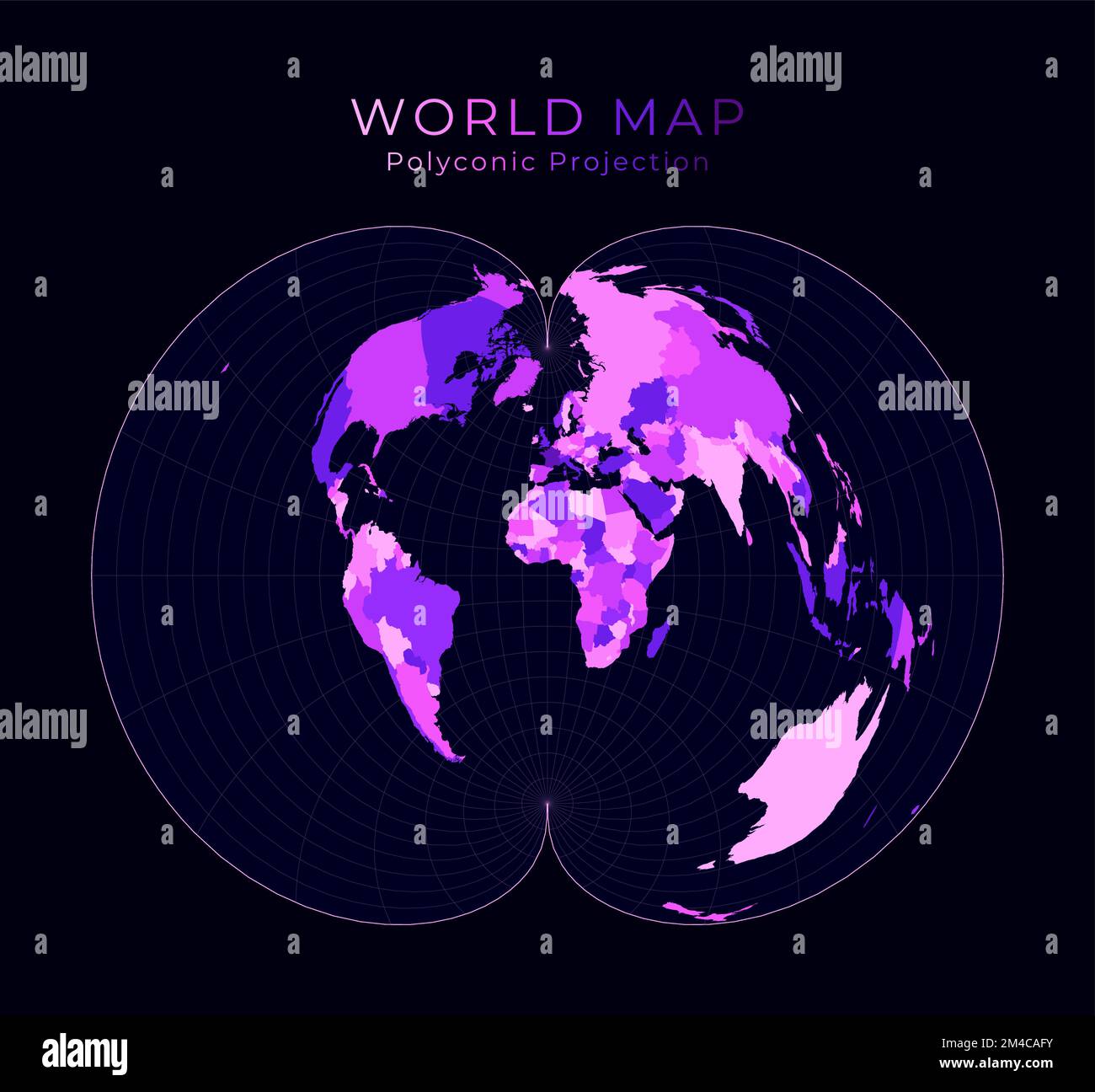 World Map American Polyconic Projection Digital World Illustration Bright Pink Neon Colors On