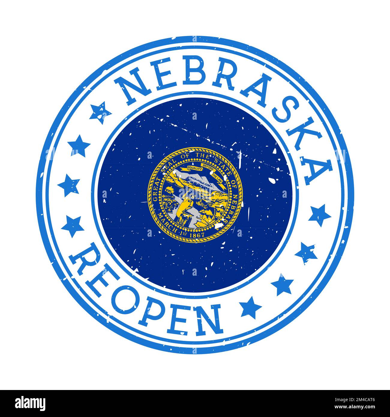 Nebraska Reopening Stamp. Round badge of US State with flag of Nebraska ...