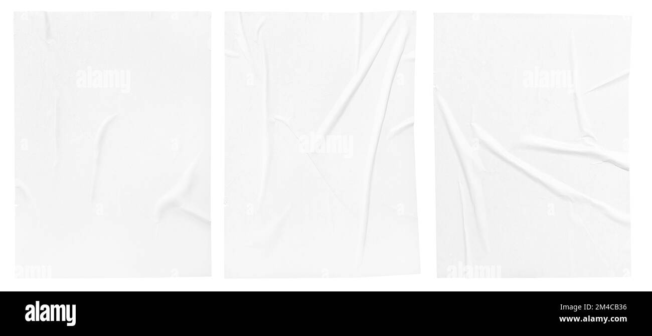 White crumpled and creased glued paper poster set isolated on white ...