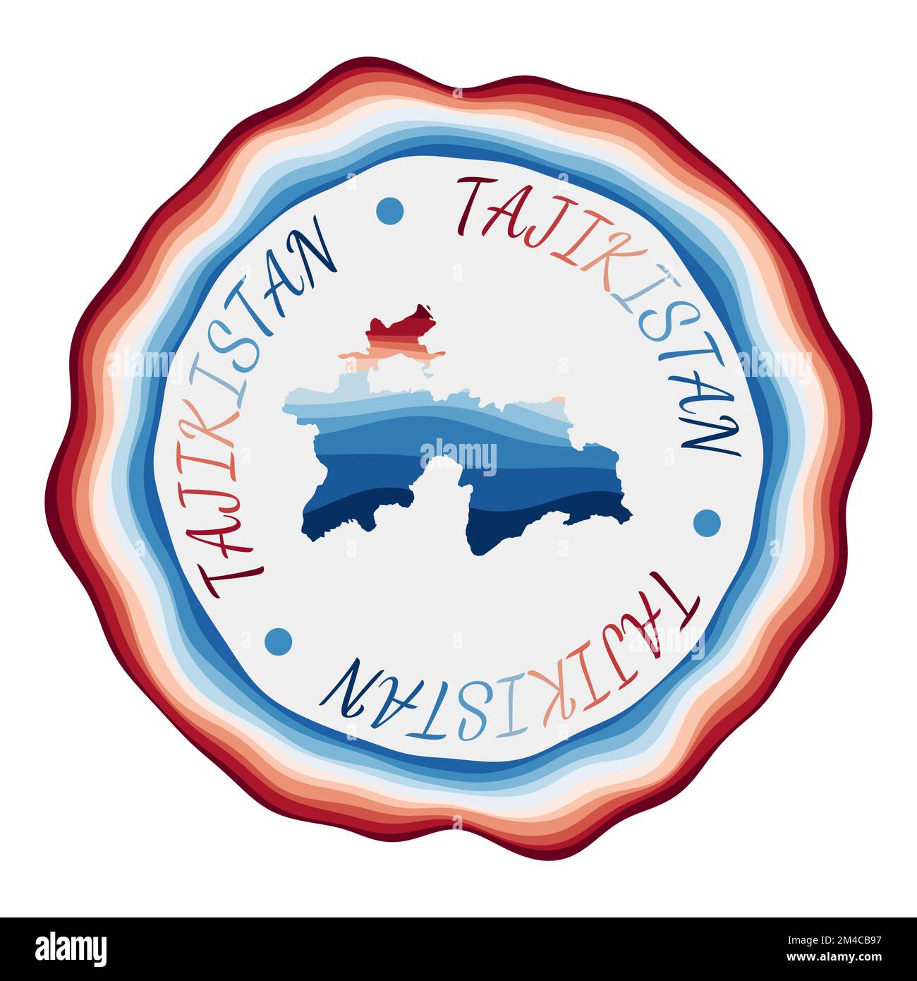 Tajikistan badge. Map of the country with beautiful geometric waves and vibrant red and blue ...