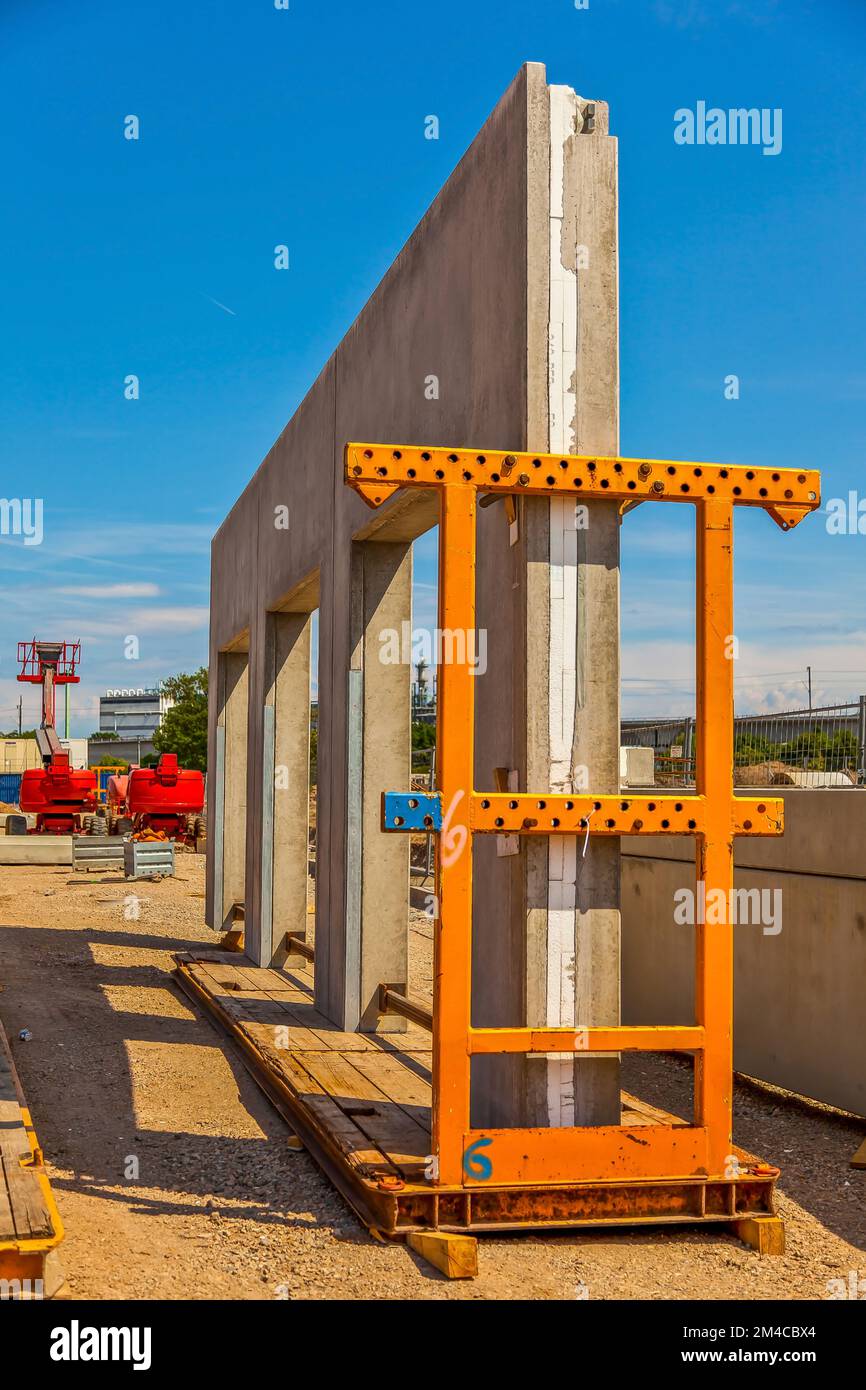 Photograph of a precast concrete facade in the transport frame on the ...