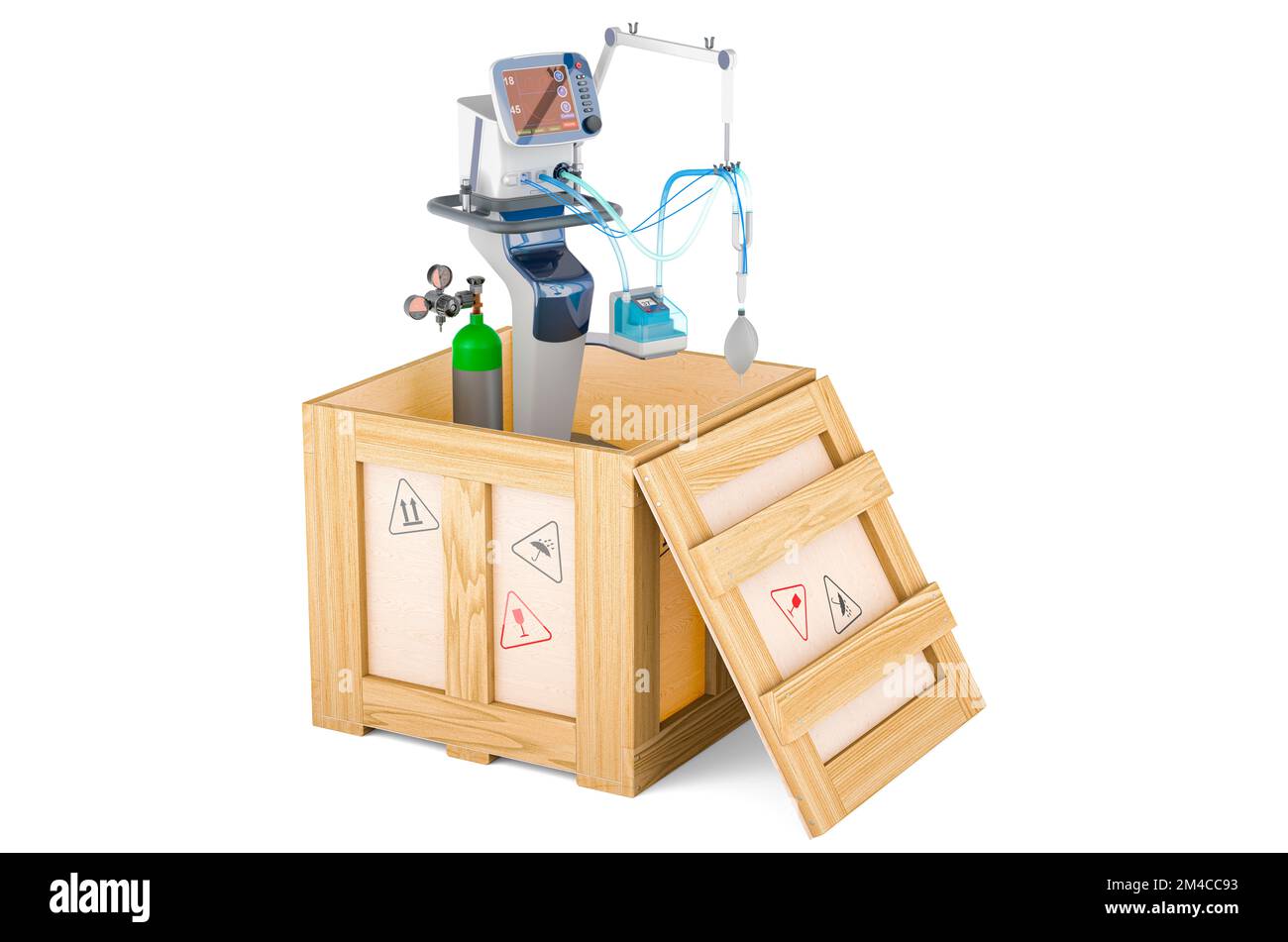 Medical ventilator inside wooden box, delivery concept. 3D rendering ...