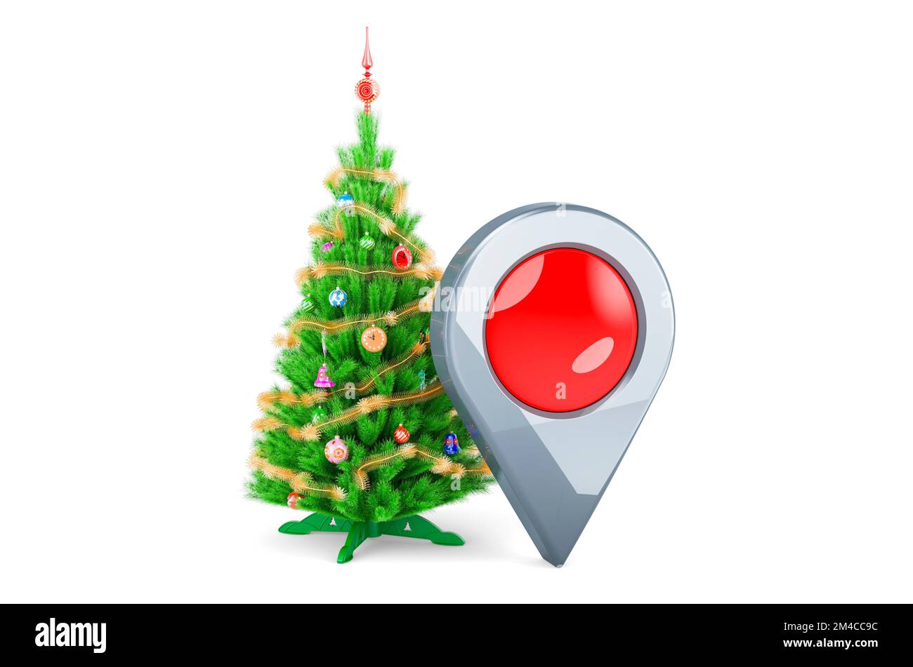 Christmas tree with map pointer. 3D rendering isolated on white ...