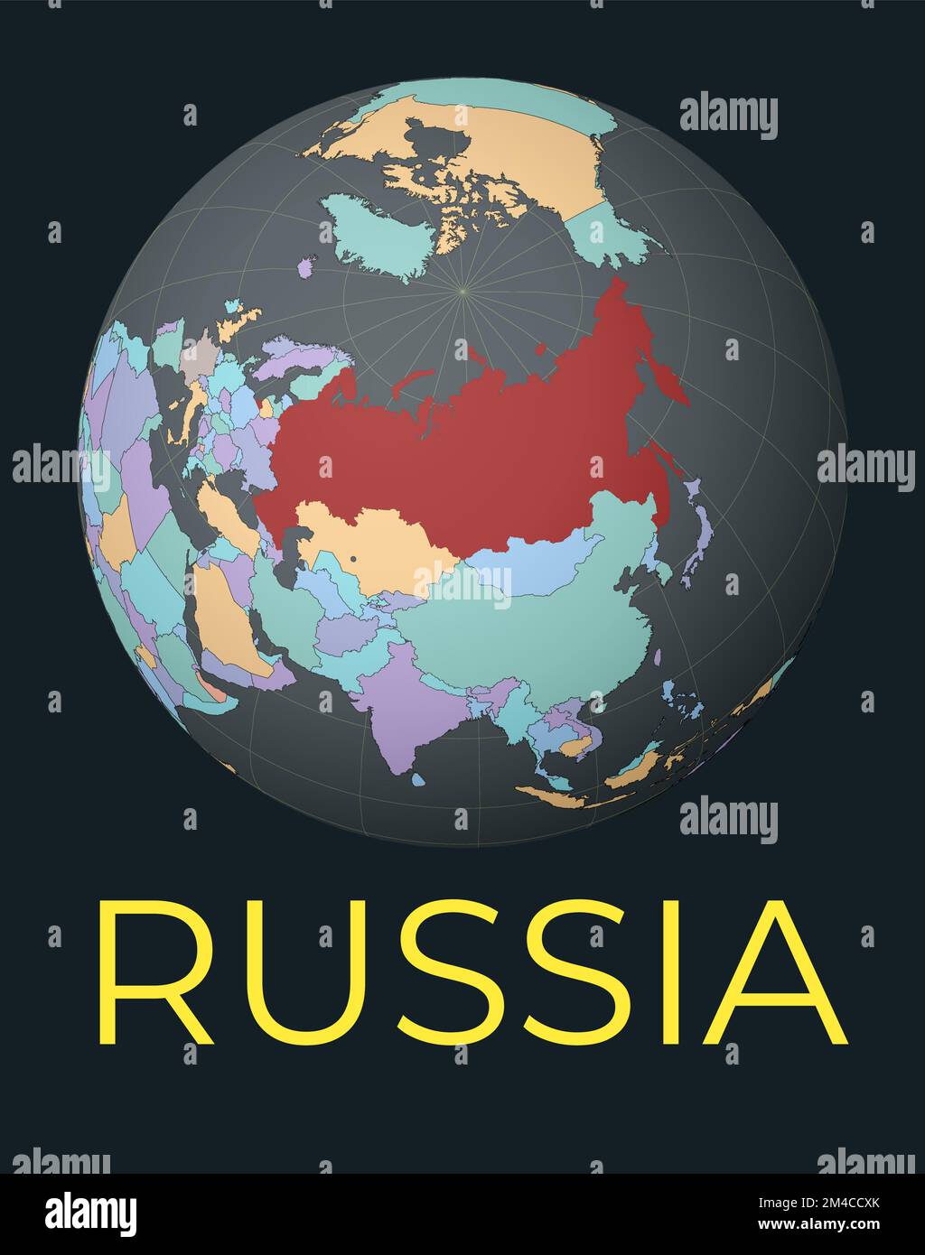 World map centered on Russia. Red country highlighted. Satellite world ...