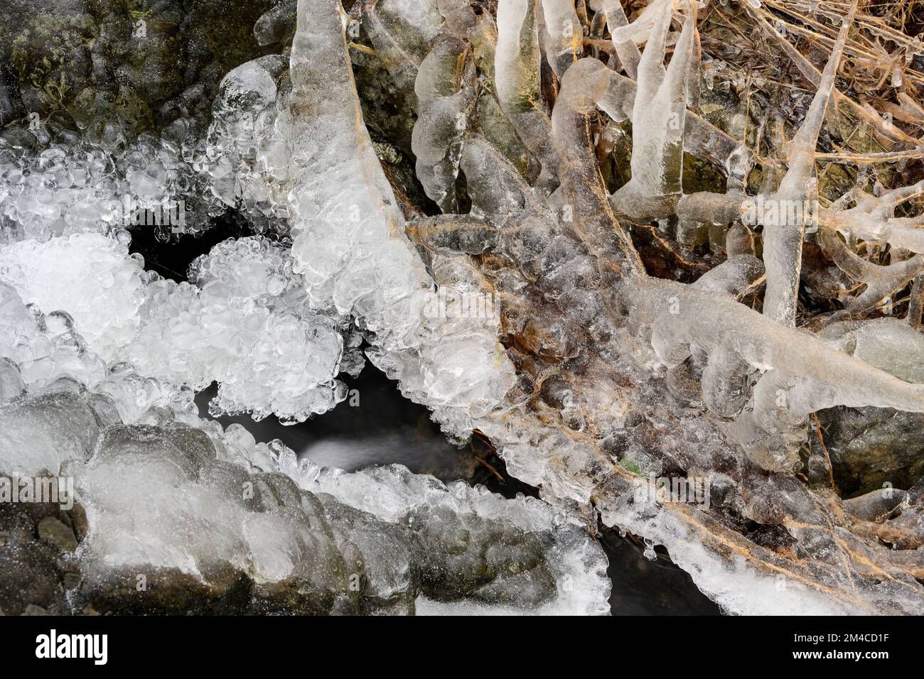 Ice formations, dusting of snow around a small stream, Greater Sudbury ...