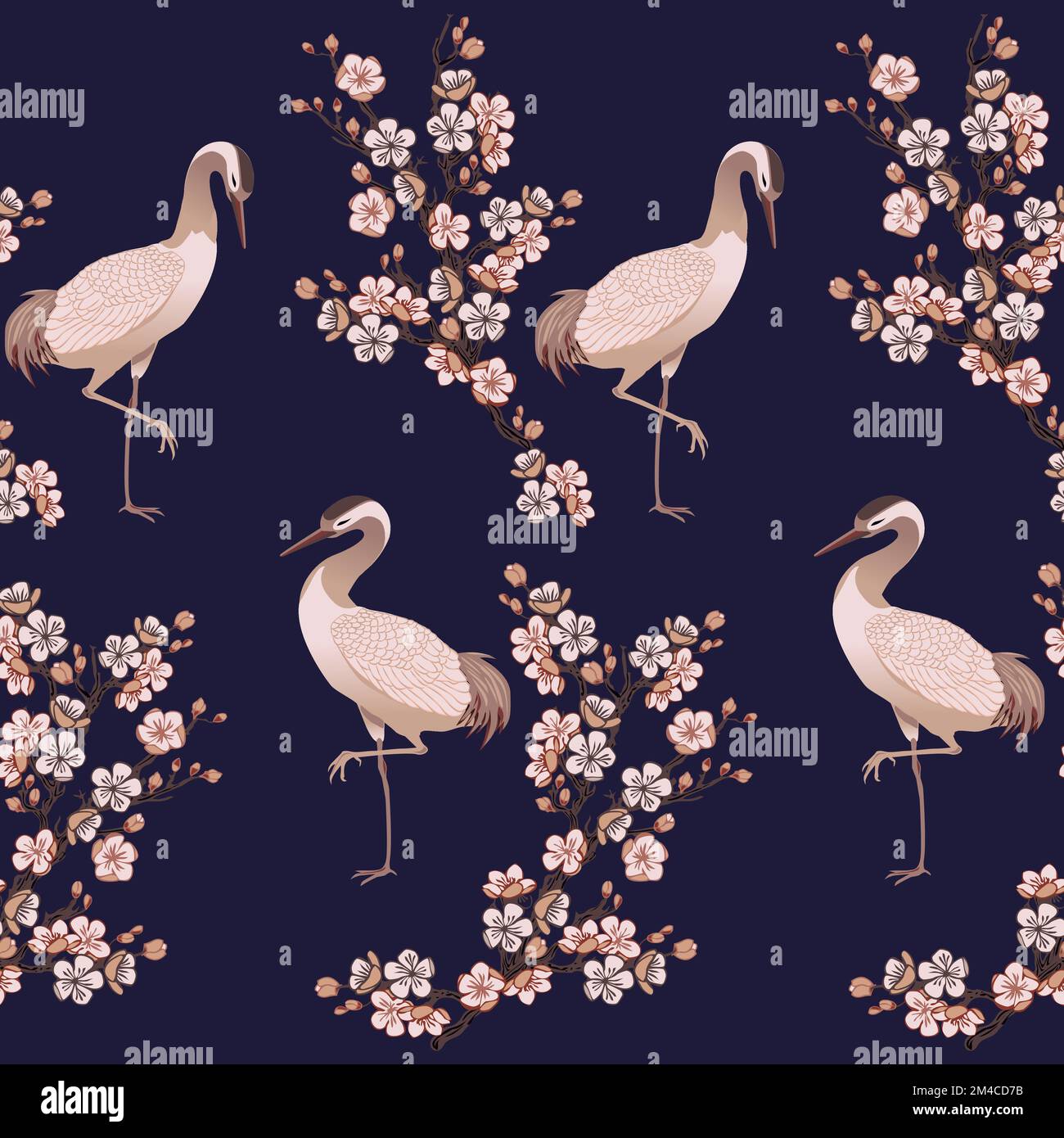 heron bird and japanese cherry vector illustration, blue background ...