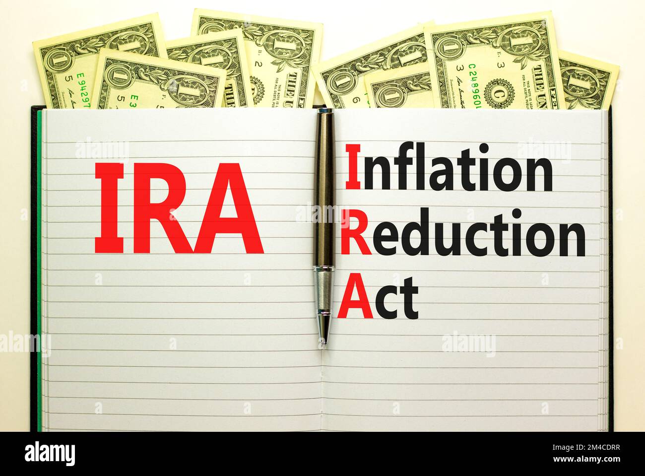 IRA inflation reduction act symbol. Concept words IRA inflation reduction act on white note on a ...