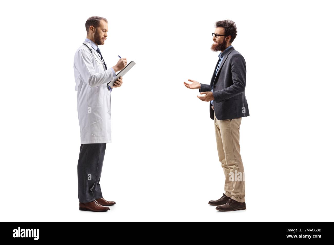 Full length profile shot of a doctor writing a prescription for a male ...