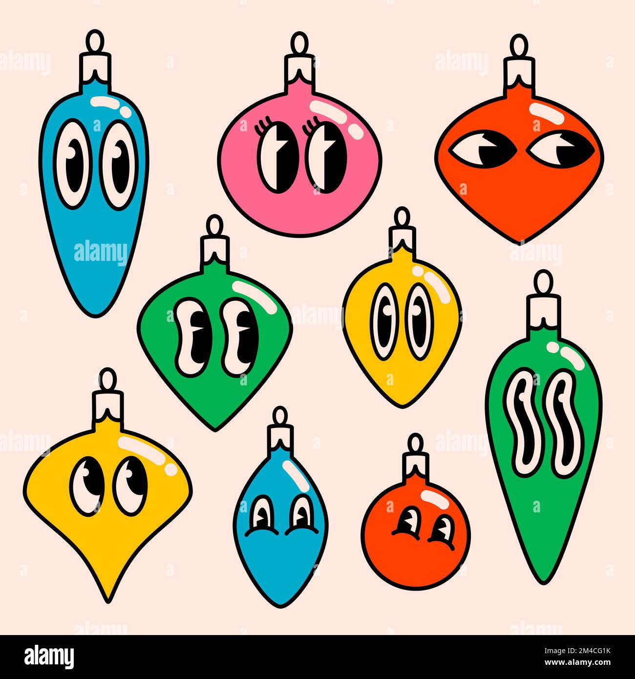 Merry Christmas and Happy New year trendy retro cartoon characters. Groovy hippie Christmas ...
