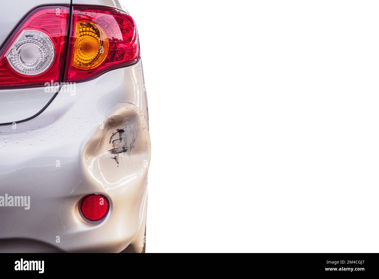 car has dented rear bumper damaged after accident isolated on white ...