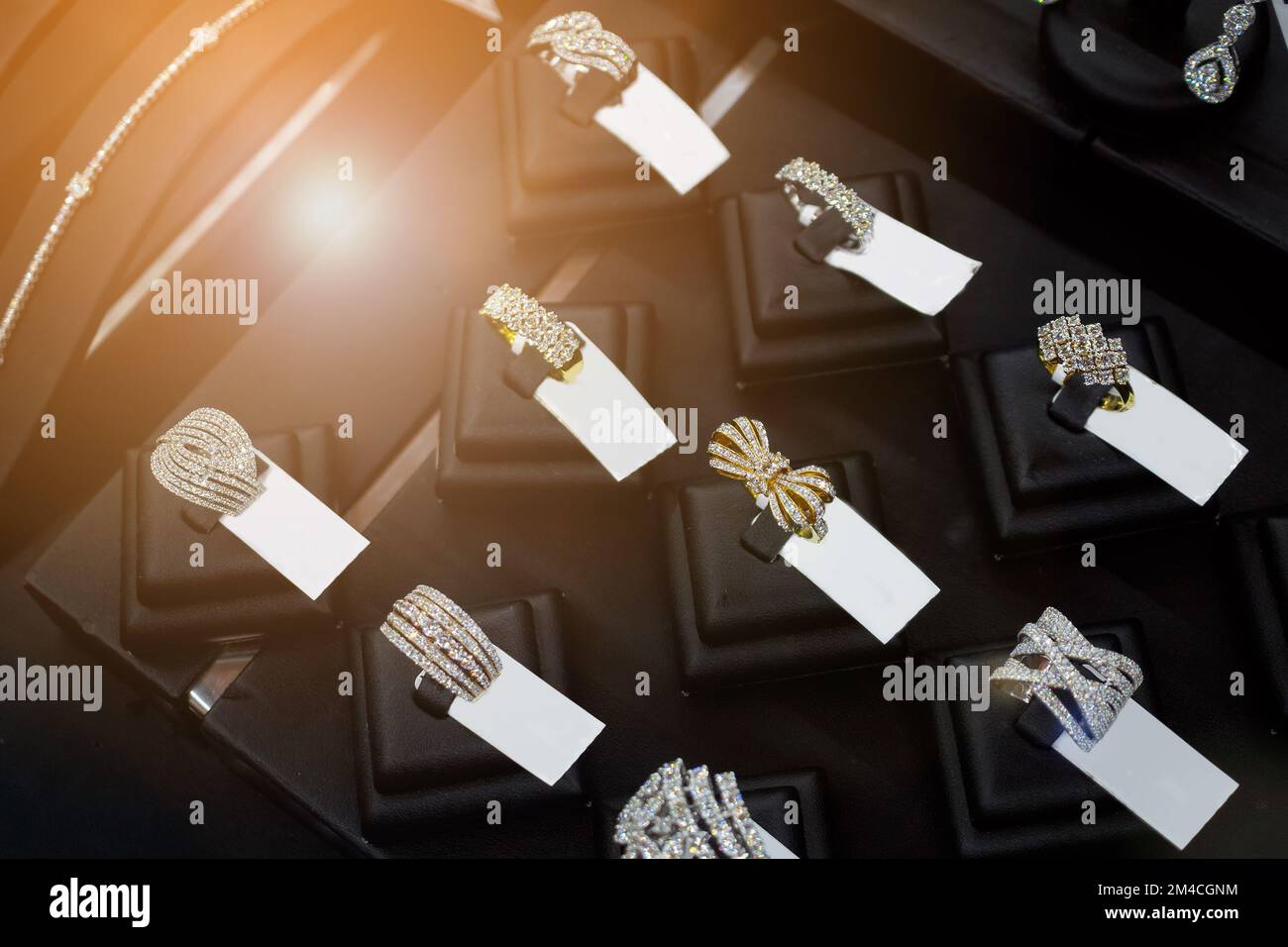 Diamond rings with blank price tag show in jewelry luxury store window ...
