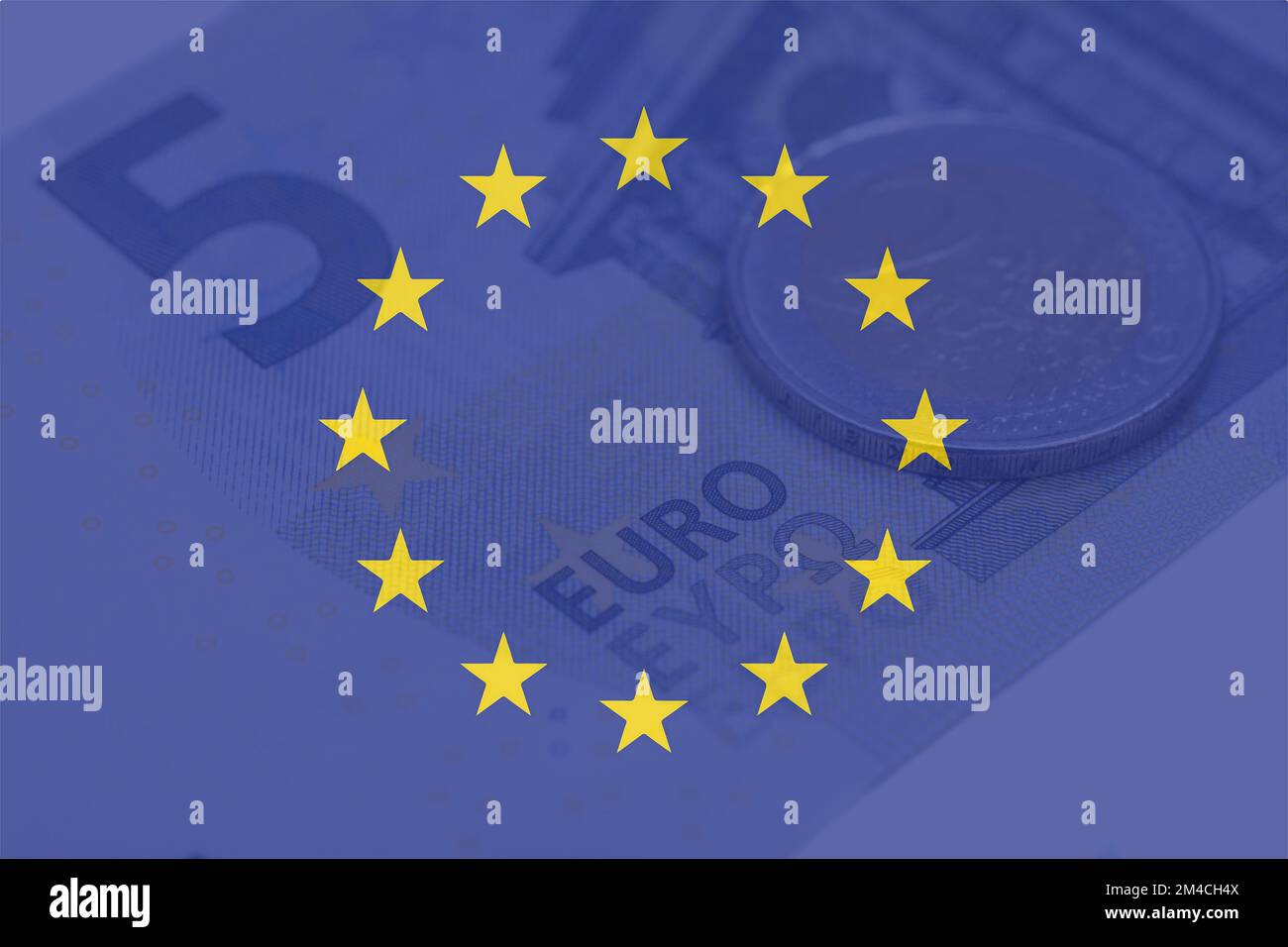 Double exposure of European Union Flag with five euro banknote end euro ...