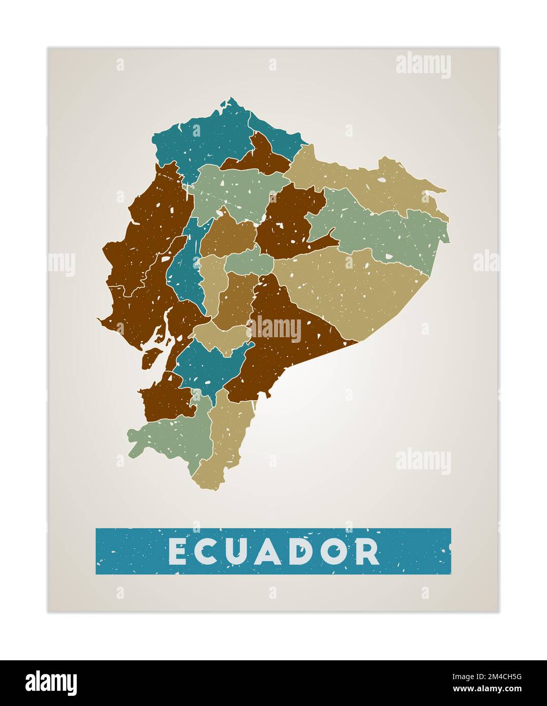Ecuador map. Country poster with regions. Old grunge texture. Shape of ...