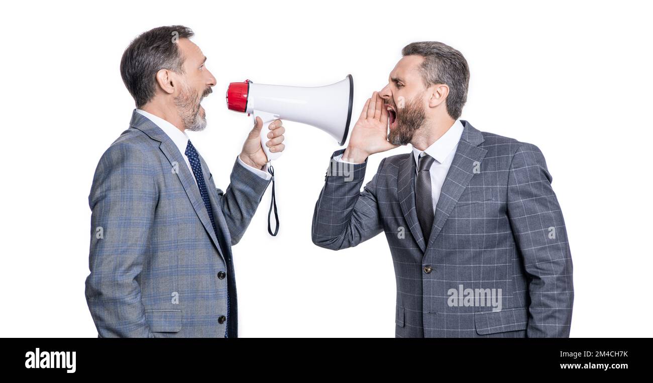 business men yell in megaphone isolated on white background. business ...