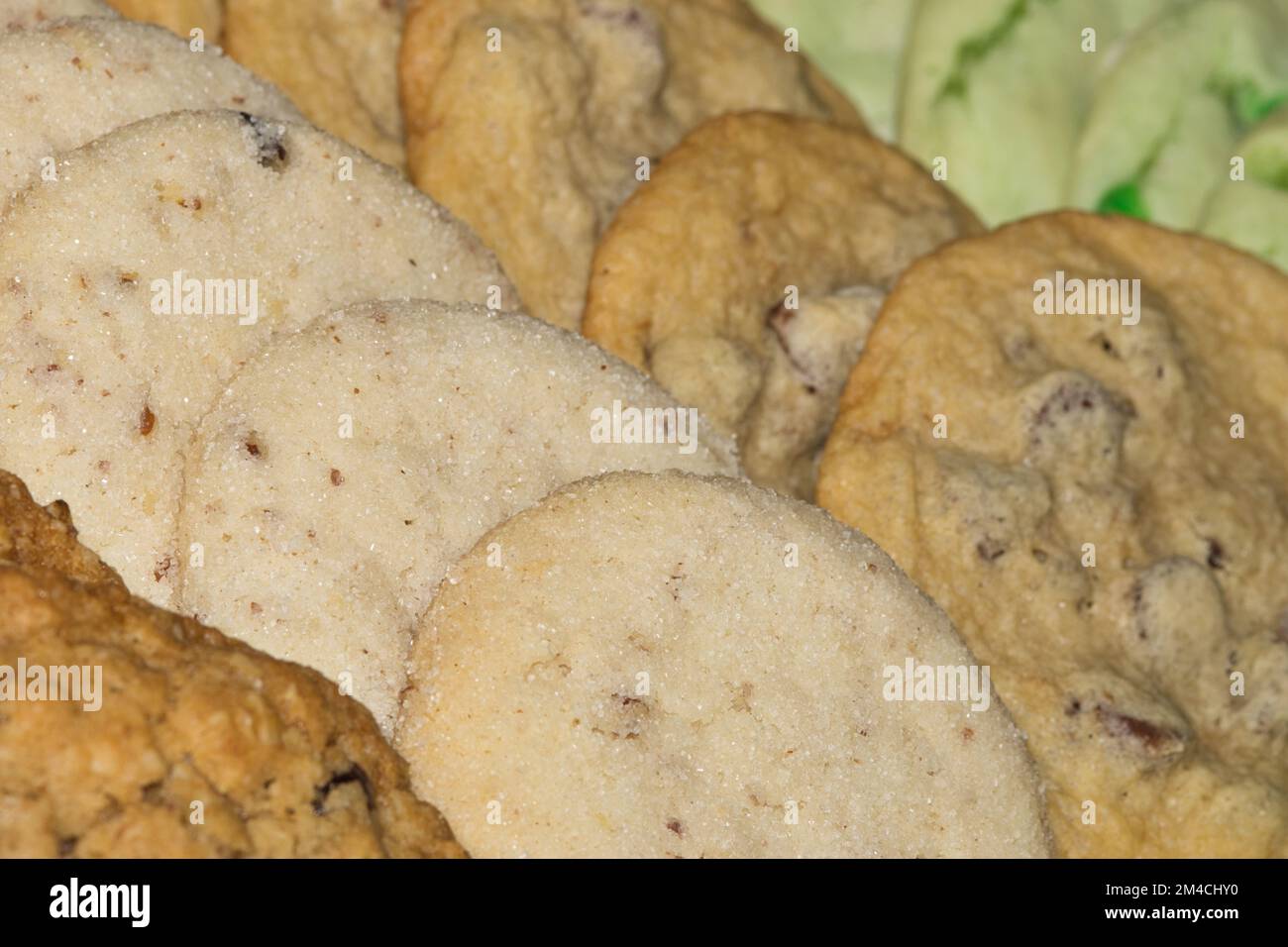 Homemade assorted cookies arranged and displayed in rows diagonally ...