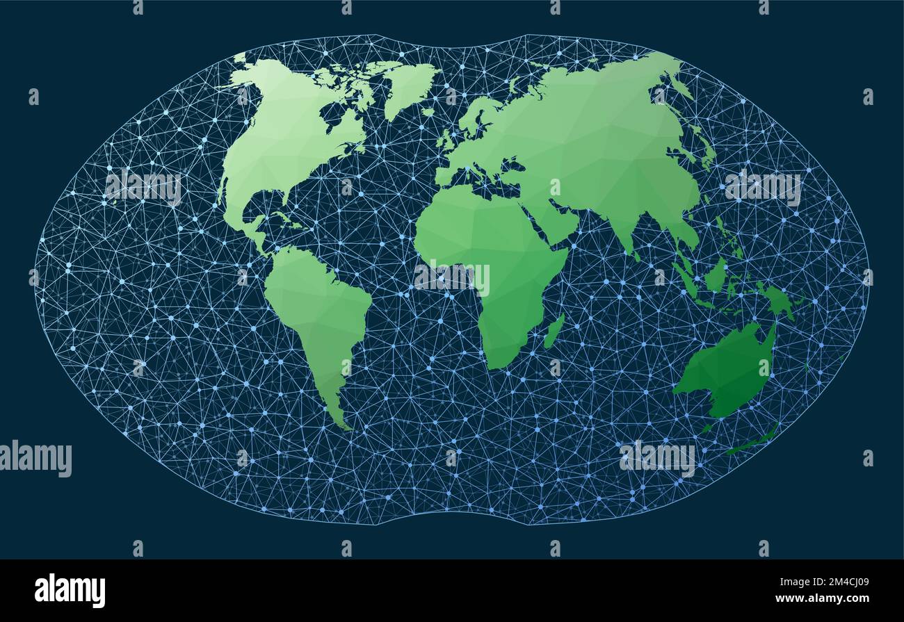 Communications map of the world. Ginzburg 4 projection. Green low poly ...