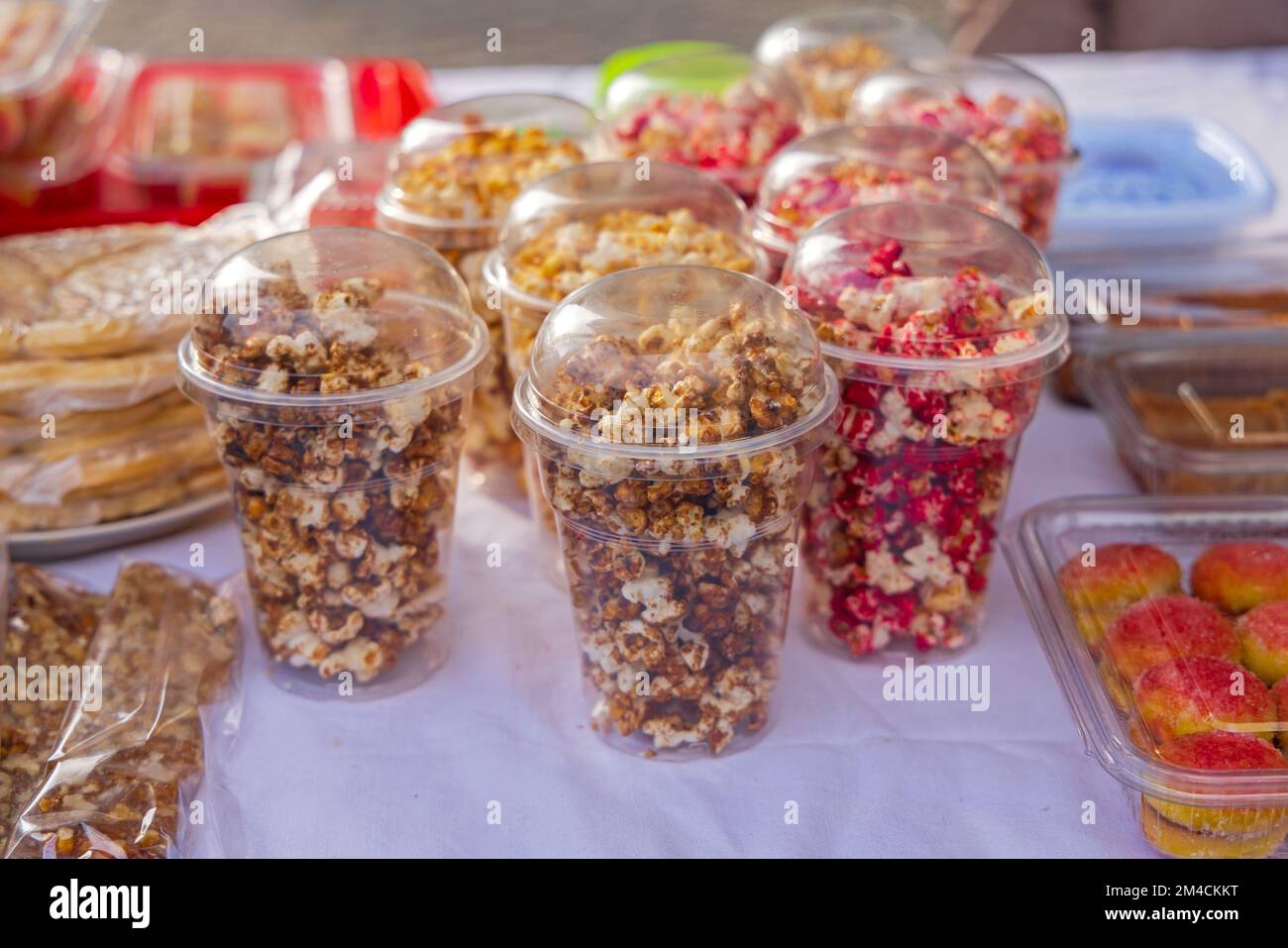 Gourmet Sweet Flavored Popcorn in Plastic Cup Dessert To Go Stock Photo ...