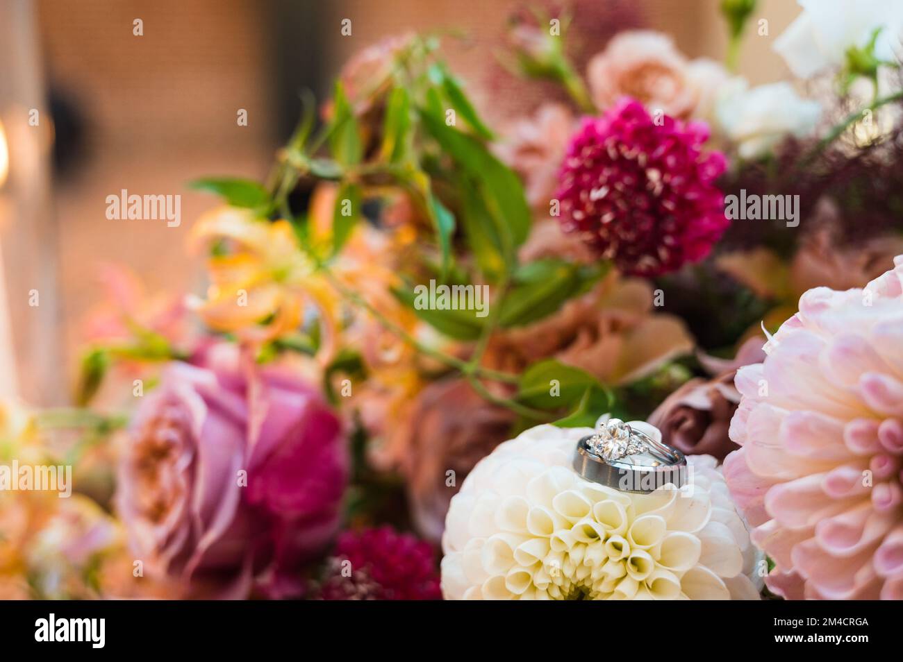closeup detail of wedding flowers and engagement rings Stock Photo - Alamy