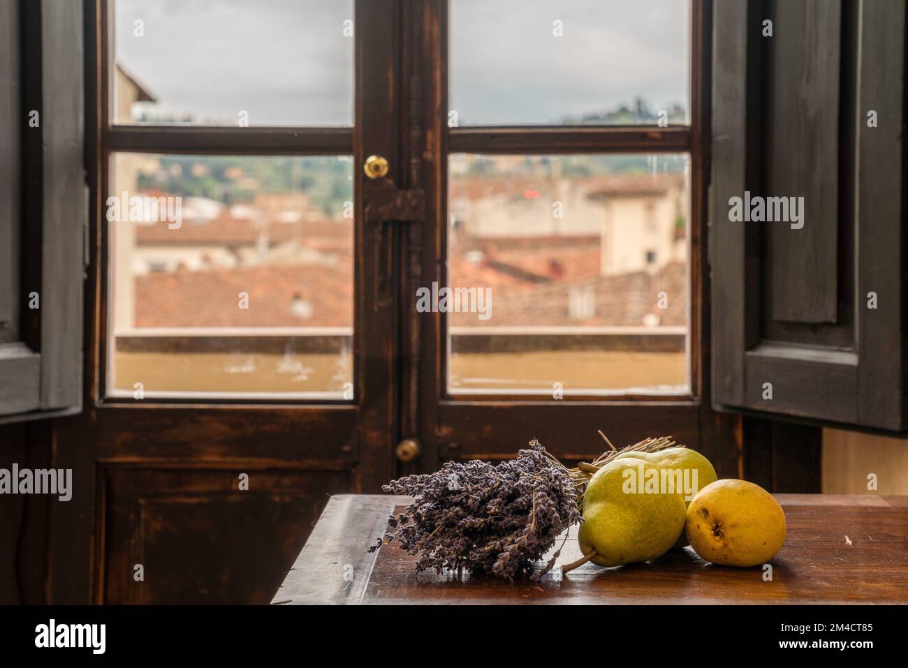 Still Life of Pears and Lavender on Wooden Table in Italy Stock Photo ...