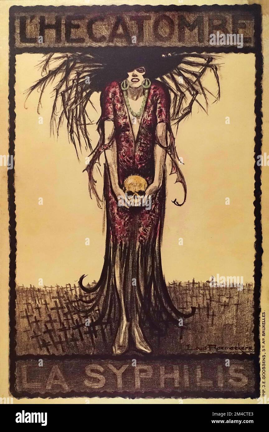 La syphilis L'Hécatombe, 1922 vintage poster of woman holding a skull ...