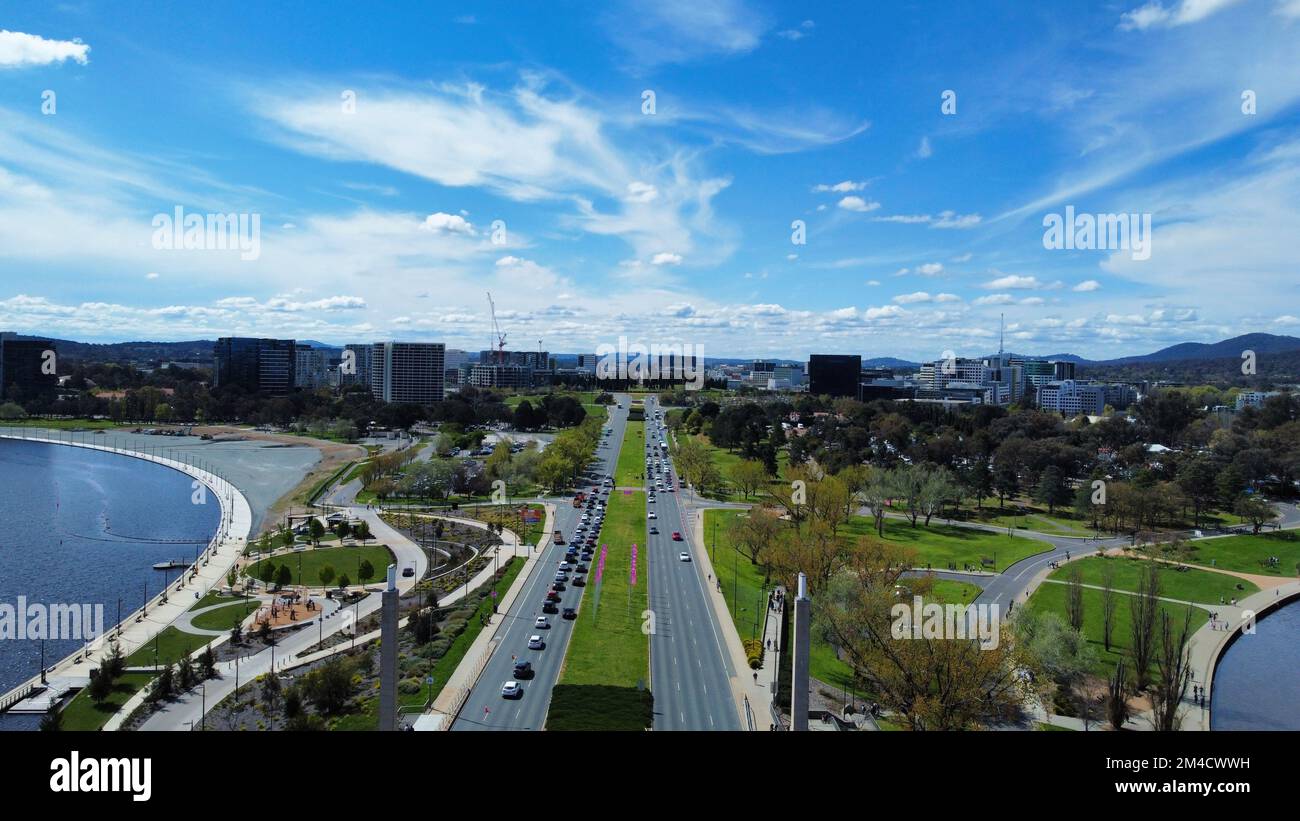 An aerial view of cars passing near a park in Canberra, Australia Stock ...
