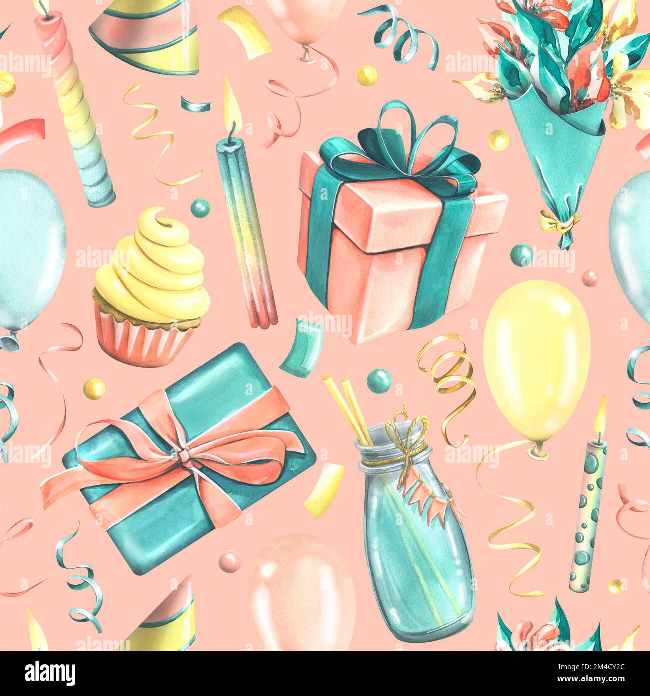 Gifts, delicious drinks, cupcake, flowers, balloons and confetti ...