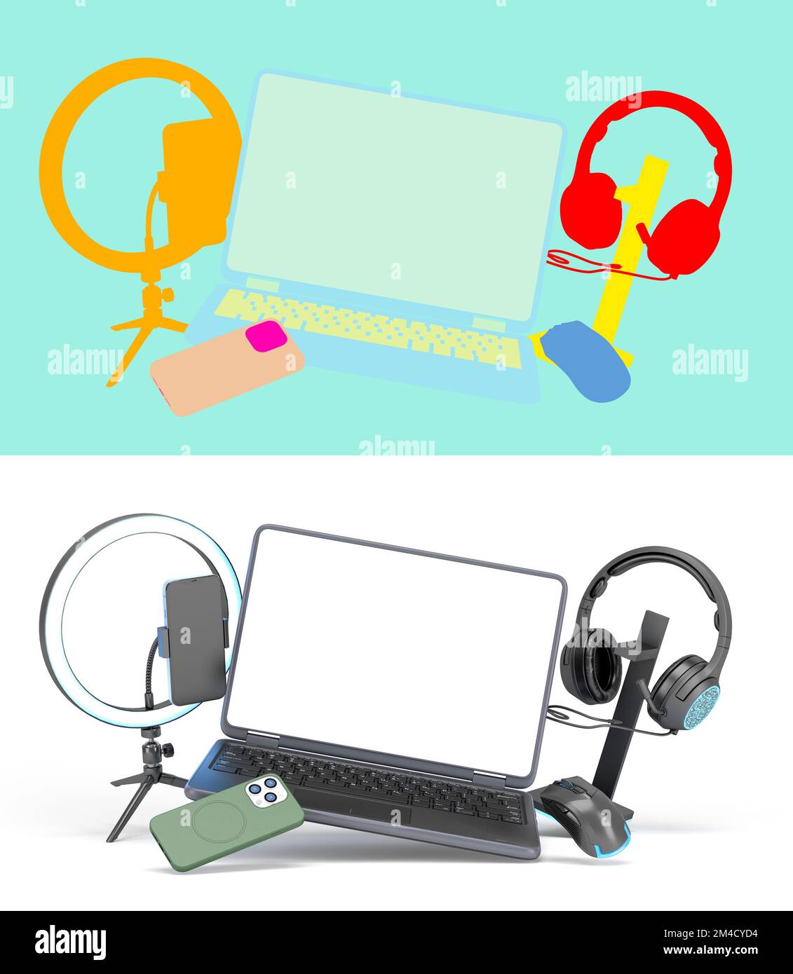 modern empty screen laptop with accessories for streaming 3d render ...