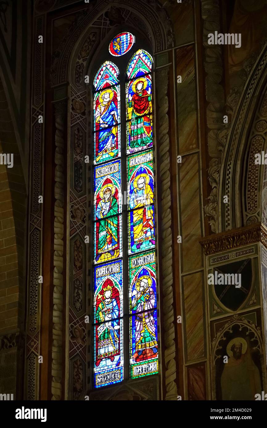 colored stained glass window, interior, Basilica di Santa Croce ...