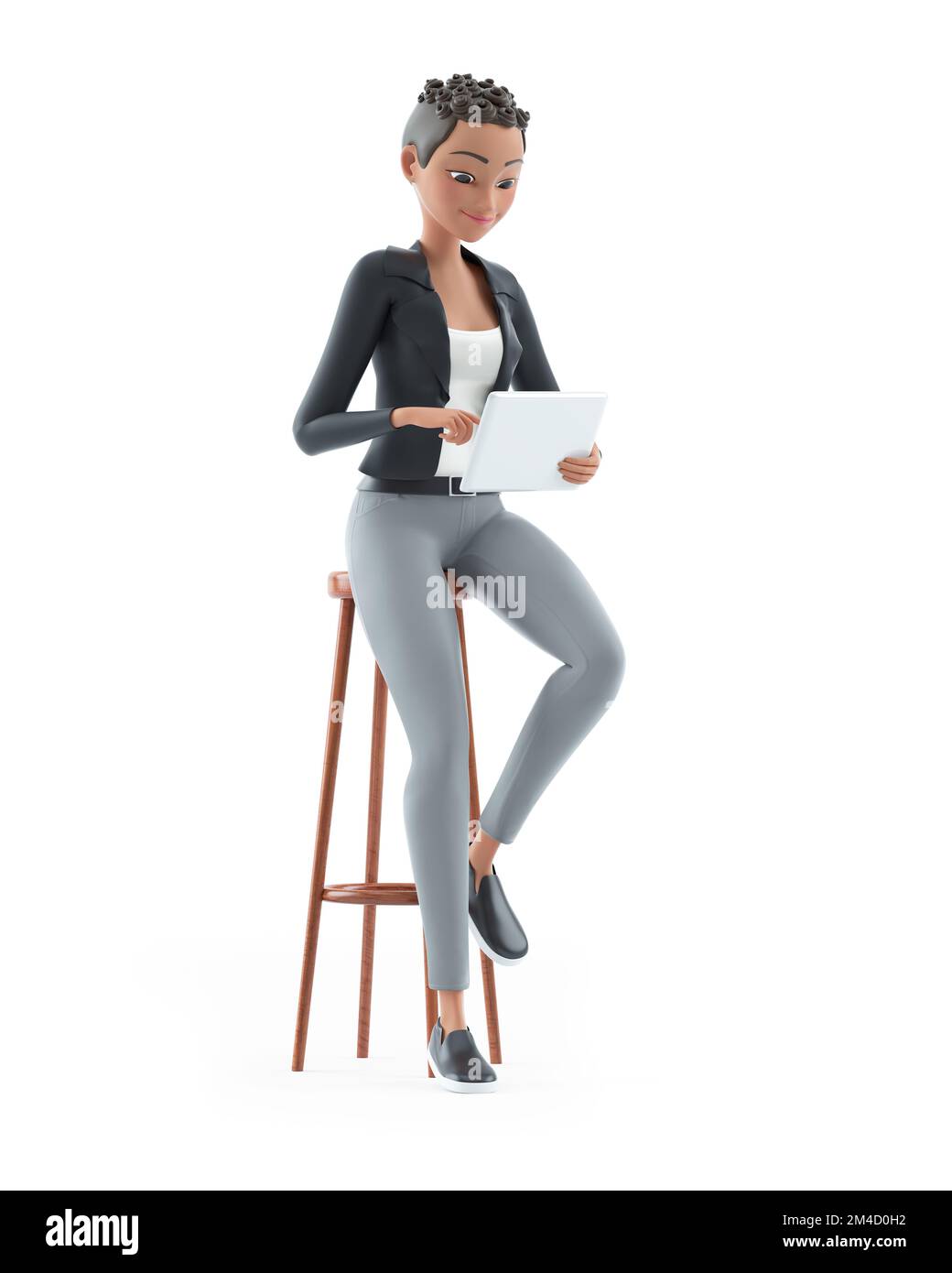3d character woman sitting on stool with tablet, illustration isolated ...
