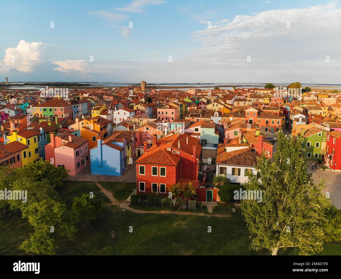 Aerial view of the colorful island of Burano island in Venice, Italy ...