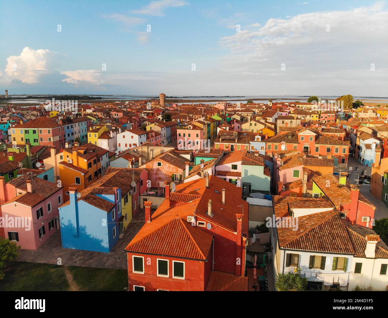Aerial view of the colorful island of Burano island in Venice, Italy ...