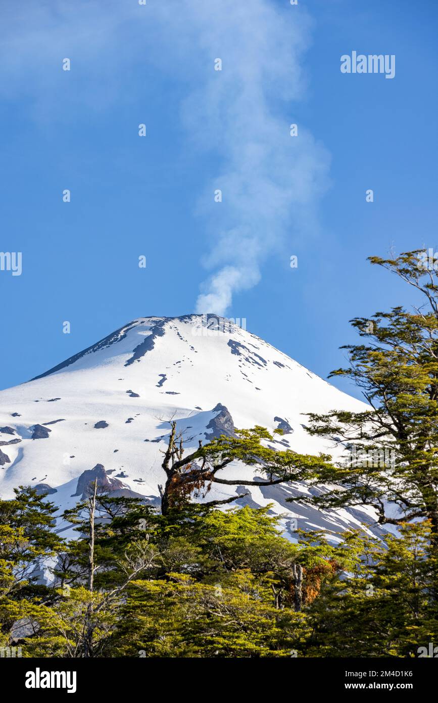 Villarrica volcano with a big column of smoke; Pucon, Chile Stock Photo ...