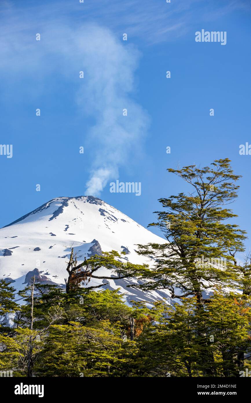 Villarrica volcano with a big column of smoke; Pucon, Chile Stock Photo ...