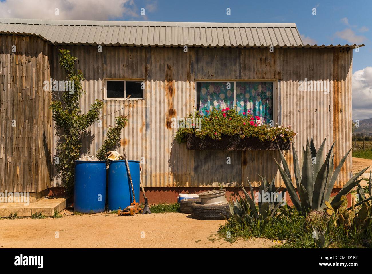 Details of an old house made of steel sheets from wine region Valle de ...