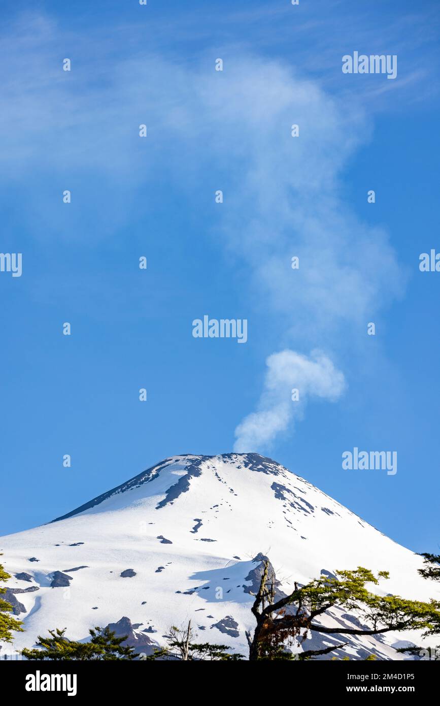 Villarrica volcano with a big column of smoke; Pucon, Chile Stock Photo ...