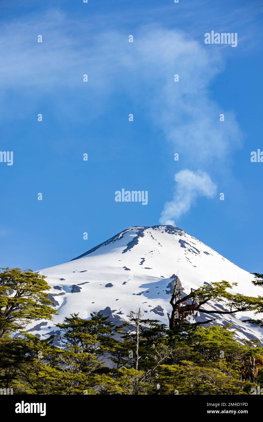 Villarrica volcano with a big column of smoke; Pucon, Chile Stock Photo ...