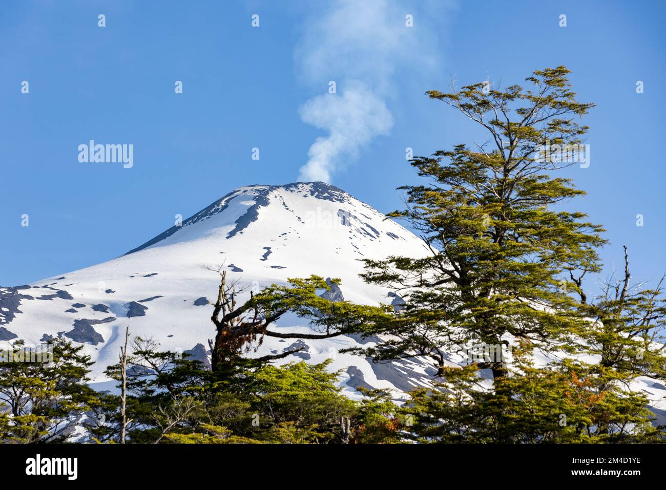 Villarrica volcano with a big column of smoke; Pucon, Chile Stock Photo ...