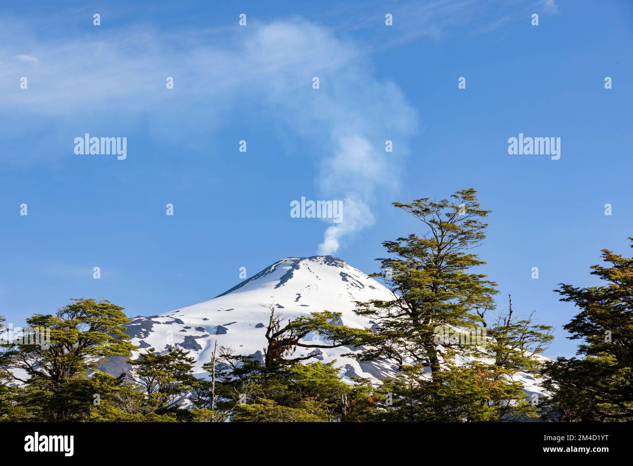 Villarrica volcano with a big column of smoke; Pucon, Chile Stock Photo ...