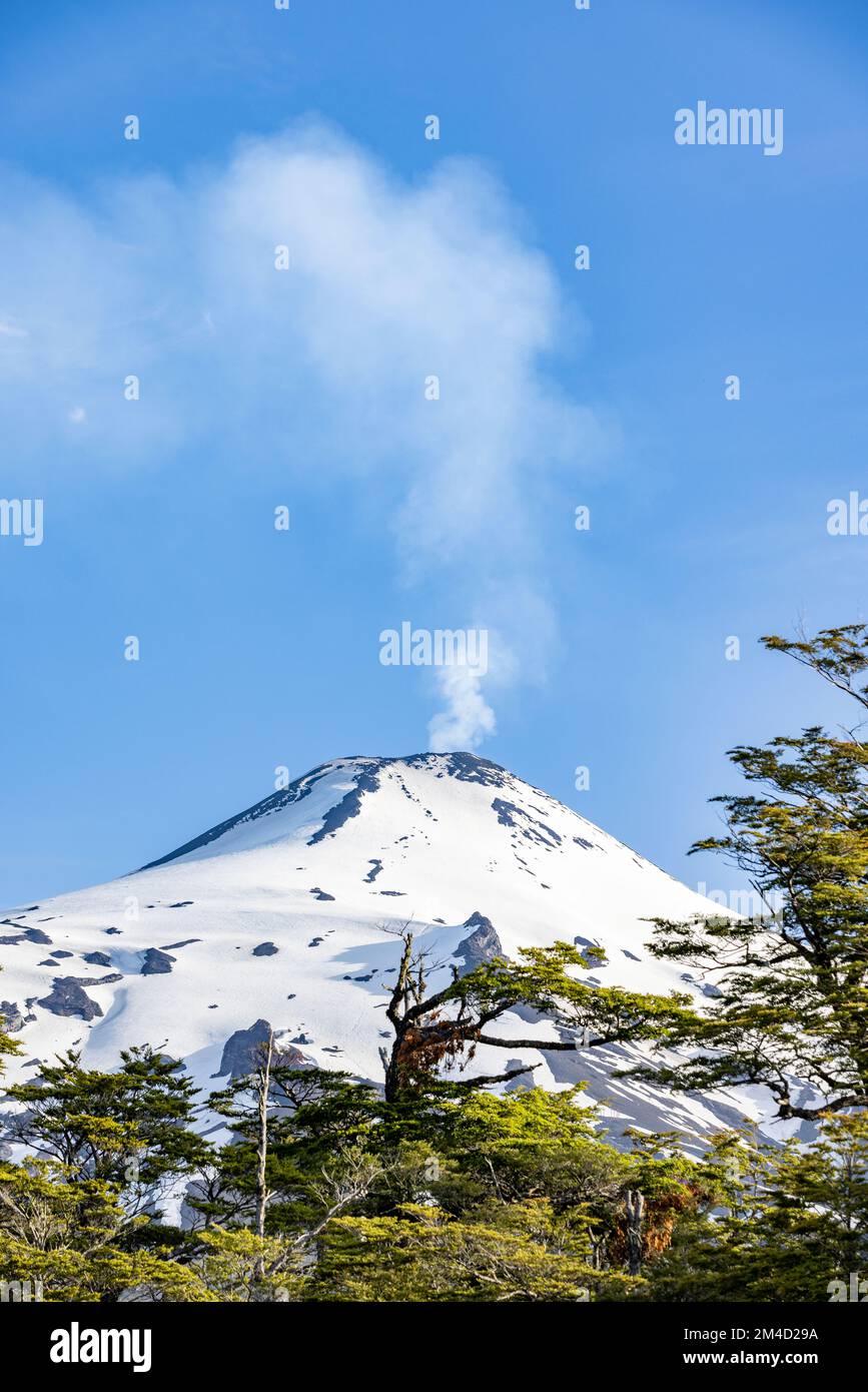 Villarrica volcano with a big column of smoke; Pucon, Chile Stock Photo ...