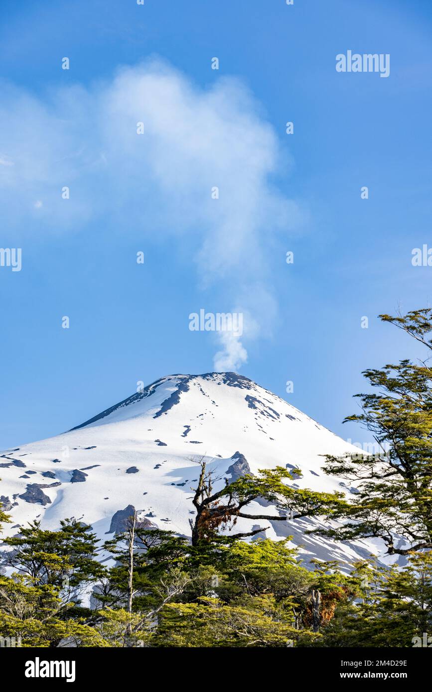 Villarrica volcano with a big column of smoke; Pucon, Chile Stock Photo ...