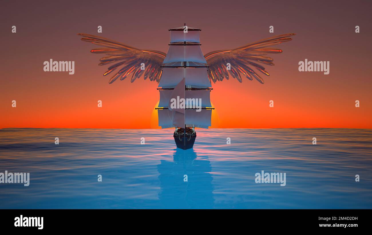 big sailing ship with wings in the sea at sunset. 3d rendering Stock ...