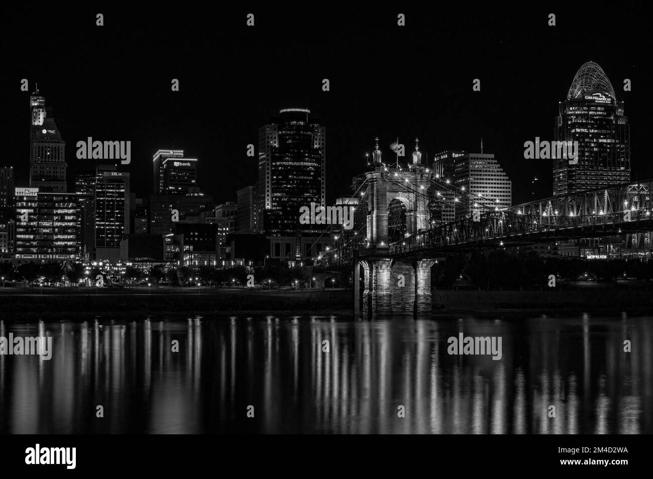 The grayscale view of John A. Roebling Suspension Bridge before the ...