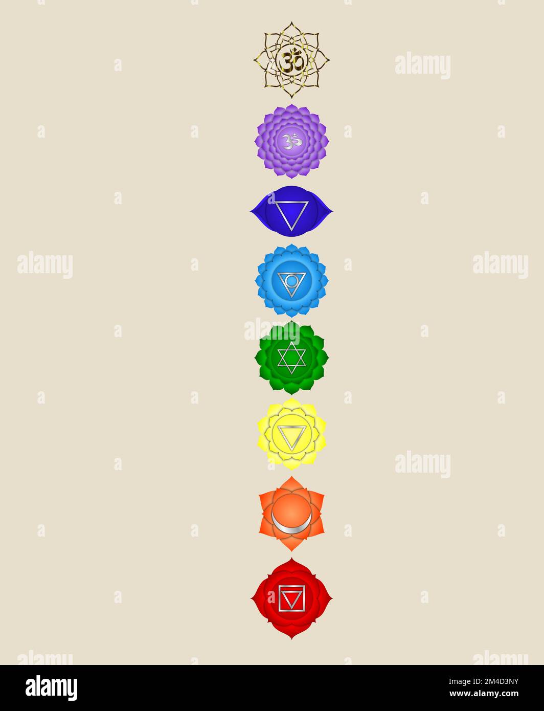 Chakra symbols and sacred geometry symbols isolated on color background with copy space for ...