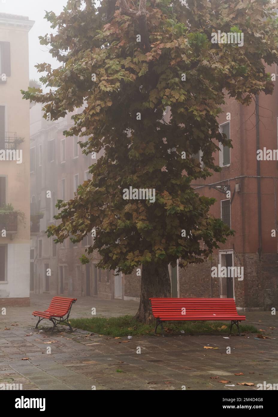 Red park benches in city square - Venice, Italy Stock Photo - Alamy