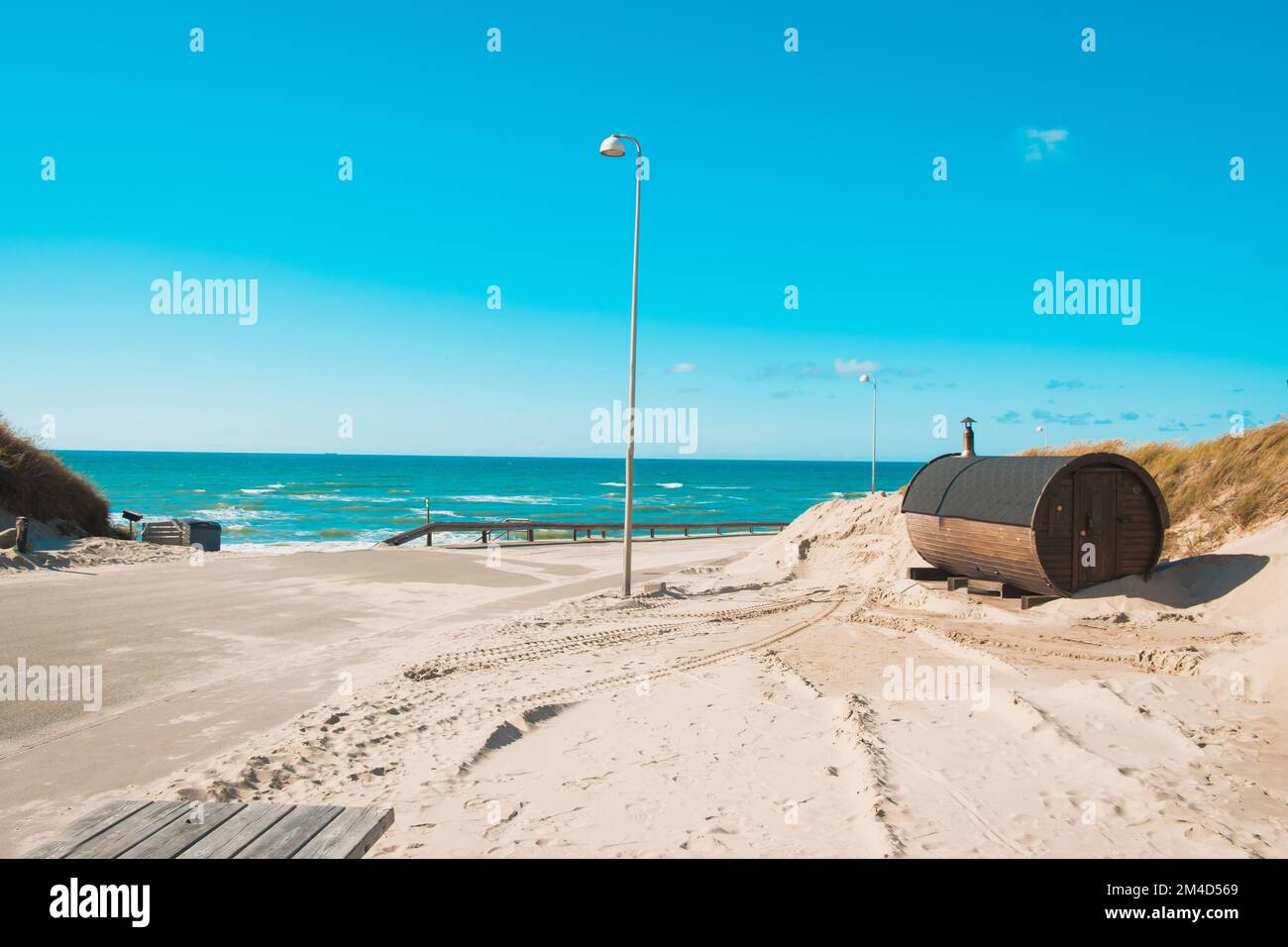 Sauna in the beach with blue ocean background in Hirtshals, Denmark ...