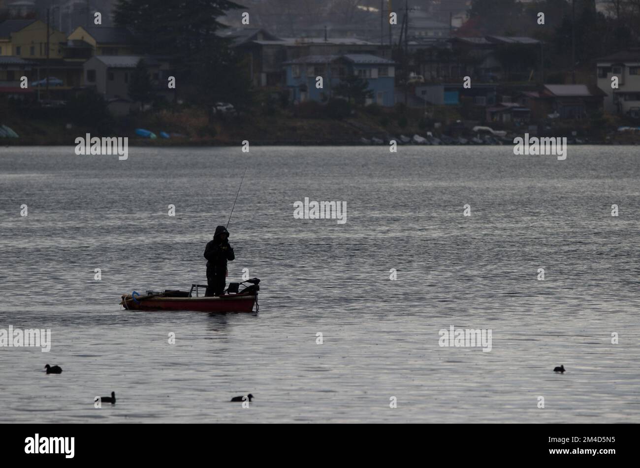 Lake Kawaguchi, November 22, 2017: Man fishing in a boat. Yamanashi ...