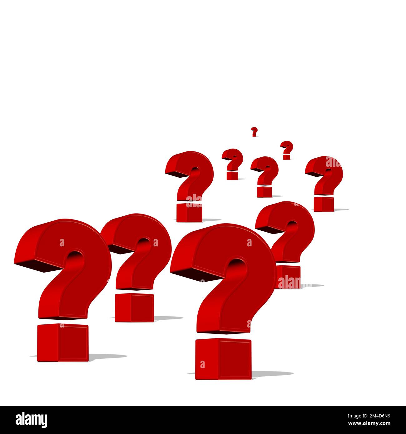 Many red question marks isolated against white background, 3D rendering ...