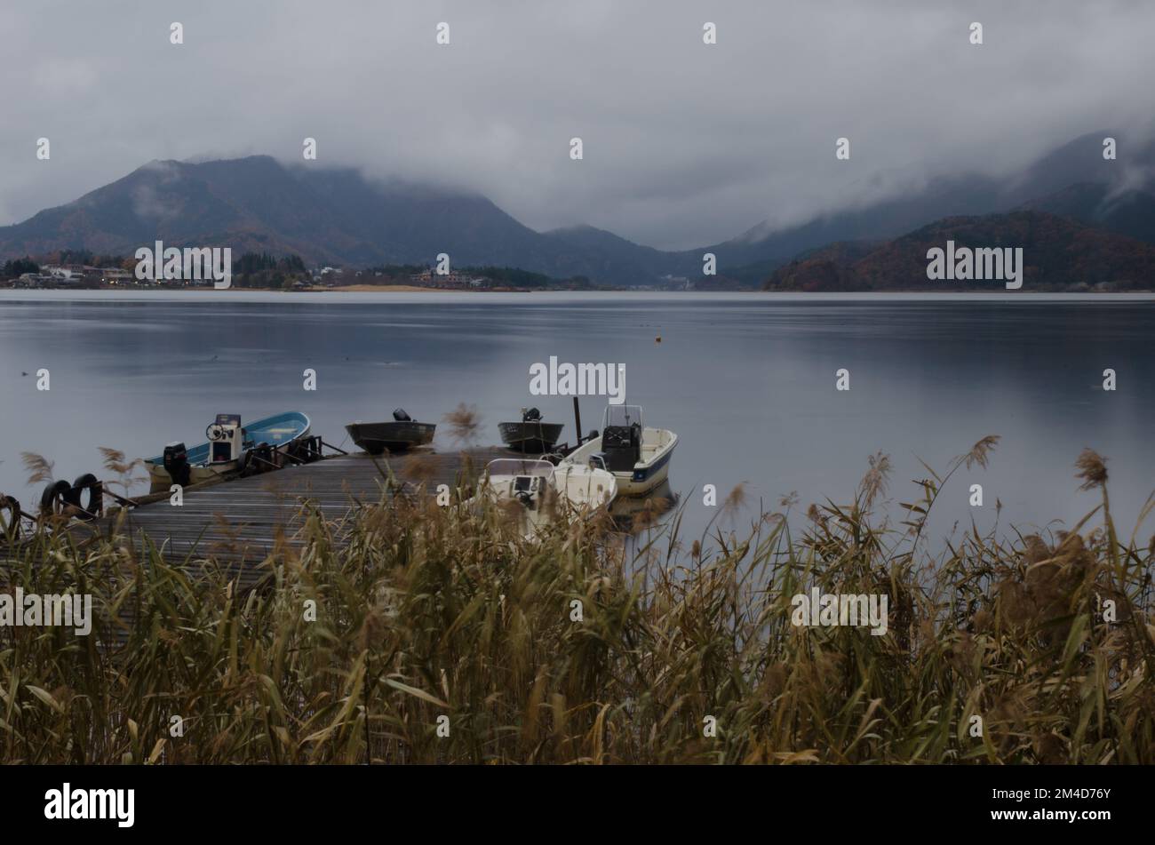 Lake Kawaguchi, November 22, 2017: Boats on a pier. Yamanashi ...