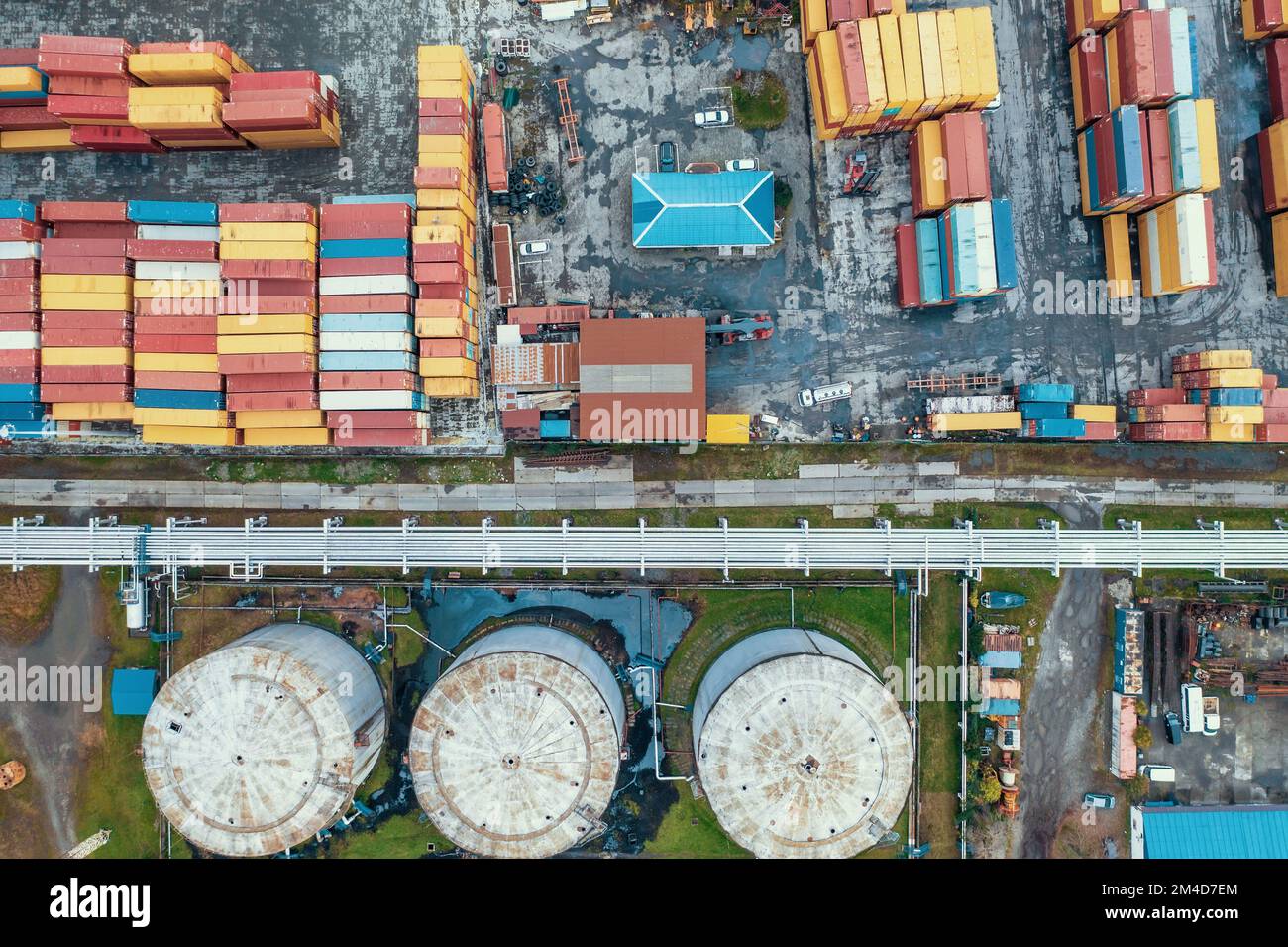 Containers in cargo freight port, aerial top view from drone ...